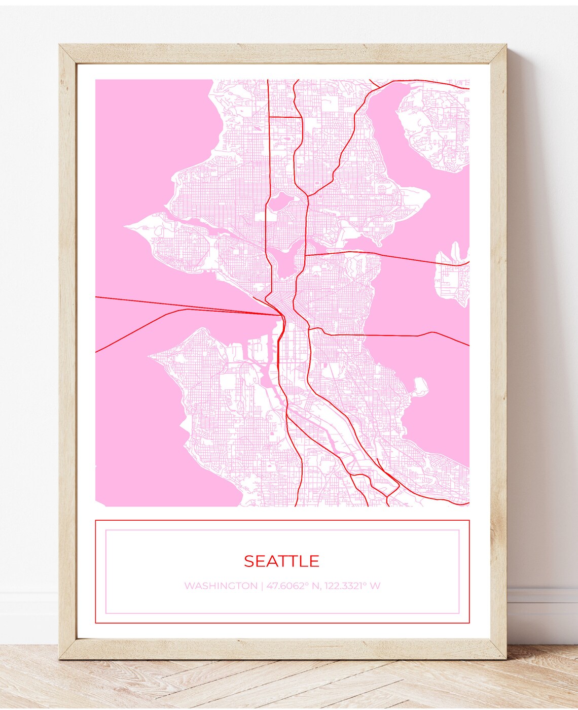 Seattle Map, Minimalist Map, Pink Seattle Map, Seattle Poster, Map of ...