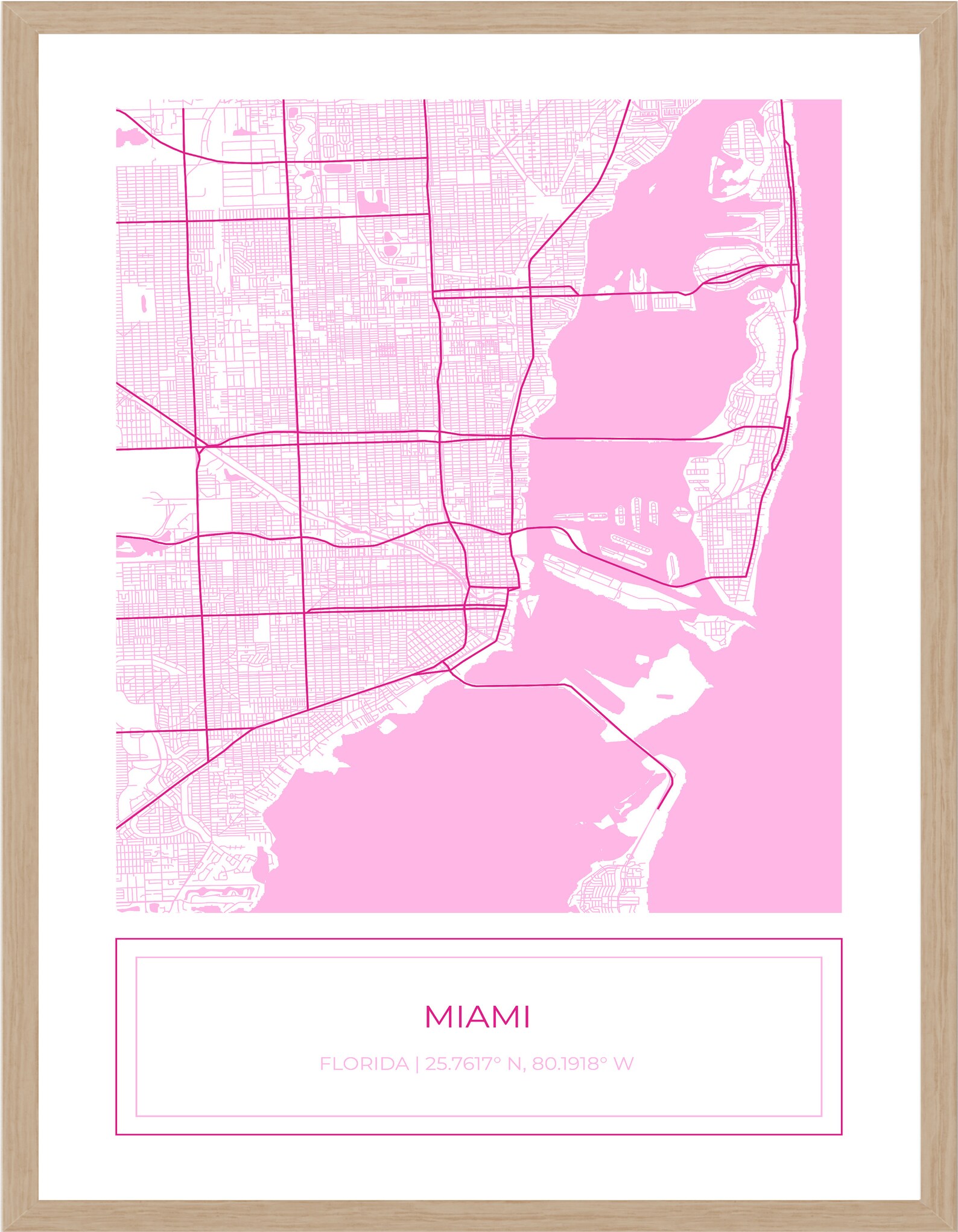 Miami Map, Map of Miami, Pink Miami Map, Miami Poster, Map of Miami ...