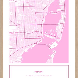 Miami Map, Map of Miami, Pink Miami Map, Miami Poster, Map of Miami ...