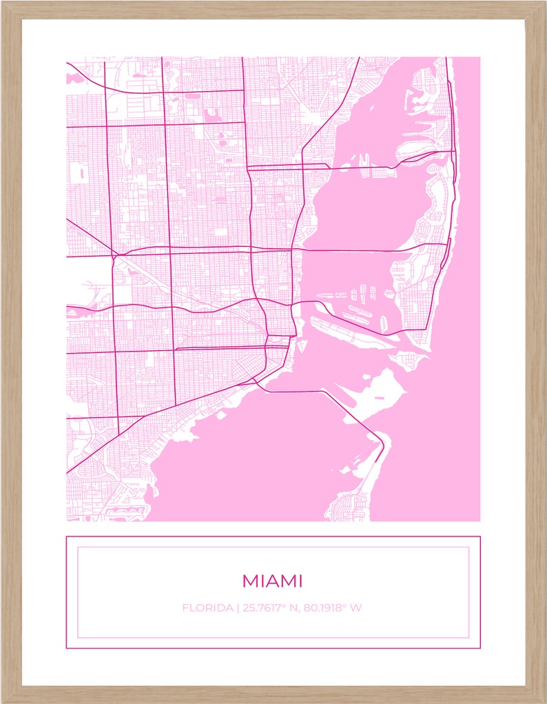 Miami Map, Map of Miami, Pink Miami Map, Miami Poster, Map of Miami ...