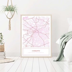 Charlotte Map, Map of Charlotte, Pink Charlotte Map, Charlotte Poster ...