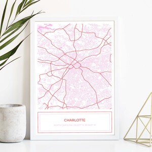 Charlotte Map, Map of Charlotte, Pink Charlotte Map, Charlotte Poster ...