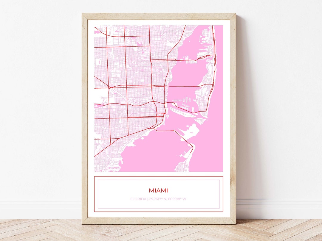 Miami Map, Map of Miami, Pink Miami Map, Miami Poster, Map of Miami ...