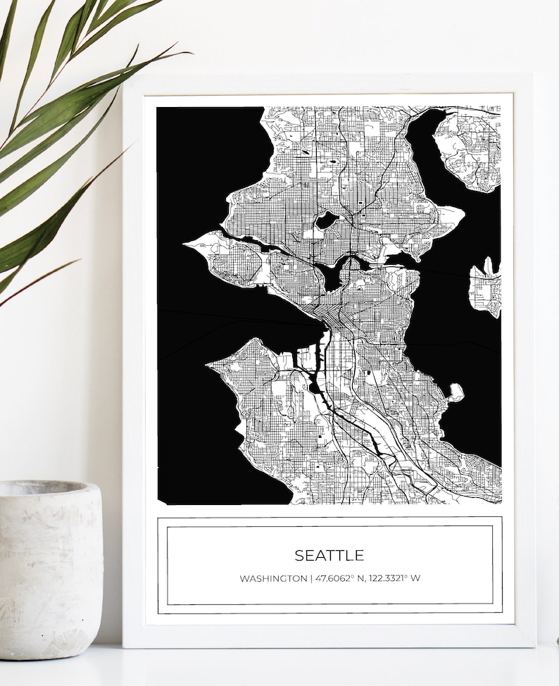 Seattle Map, Minimalist Map, Black Seattle Map, Seattle Poster, Map of ...
