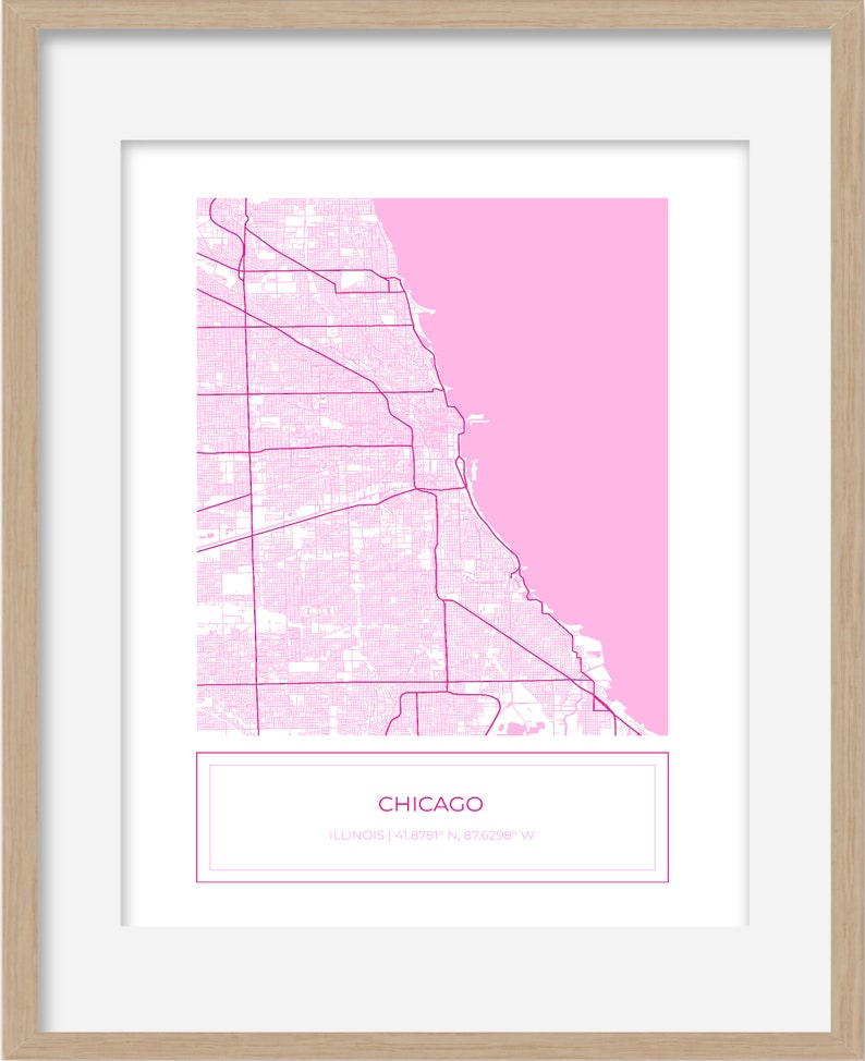 Chicago Map, Map of Chicago, Pink Chicago Map, Chicago Poster, Map of ...