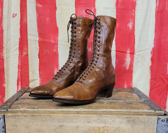 1900's Victorian Brown Leather Lace up Western Boots I Sz 7.5 I Vintage ...