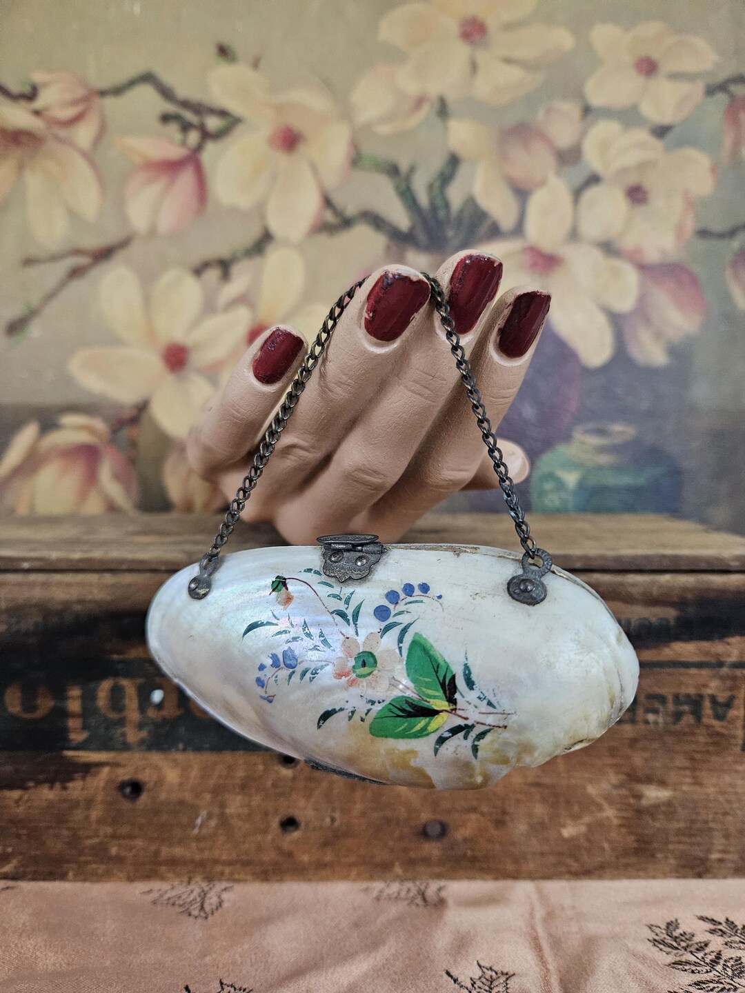 Vintage 1900s Victorian Floral Painted Dainty Oyster Shell Souvenir ...