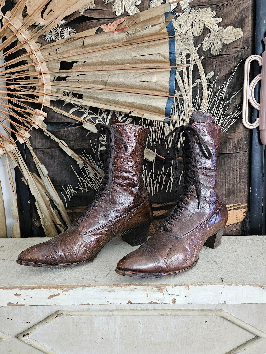 Antique 1900's Victorian Brown Leather High Top Lace up Boots I Sz 5- 7 ...