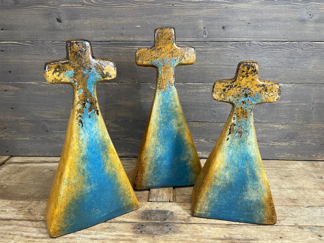 Old World Cross-set of 3-pedestal Clay Cross-handmade-hand Painted Clay ...