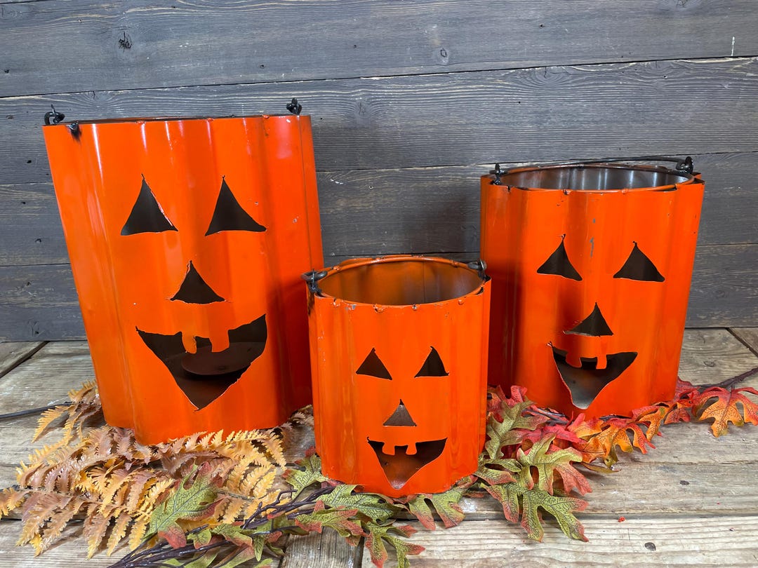 Halloween Pumpkin Buckets-set 3-metal-garden-nesting-orange-outdoor ...