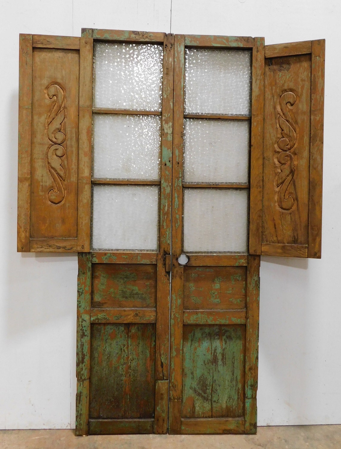 Antique Pair Carved Mexican Old Doors-#400-glass-primitive-rustic-35x78 ...
