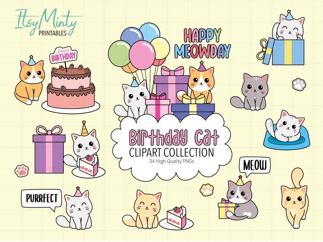 Birthday Cats Clipart Instant Download High Quality PNG Good for ...