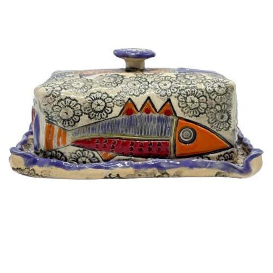 Hand Built Ceramic Fish With Flowers Butter Dish, Ceramic Butter Dish, Handmade Ceramic Butter ...