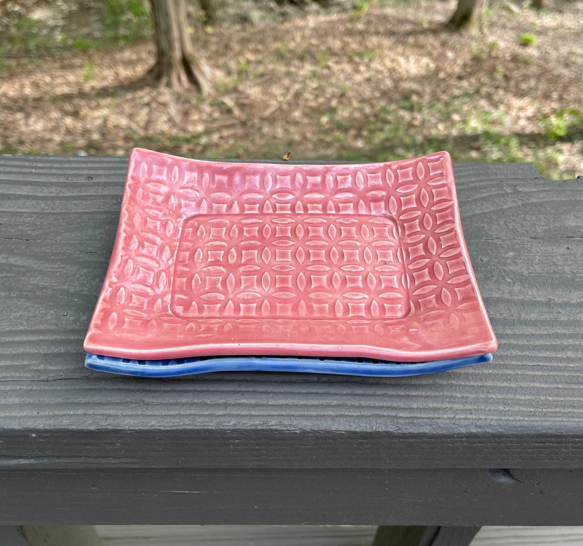 Hand Built Ceramic Textured Plates in Red and Blue - Etsy