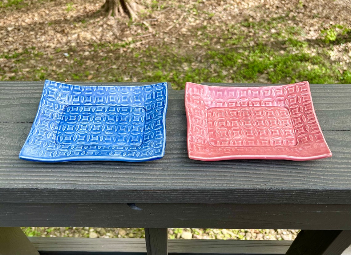 Hand Built Ceramic Textured Plates in Red and Blue - Etsy