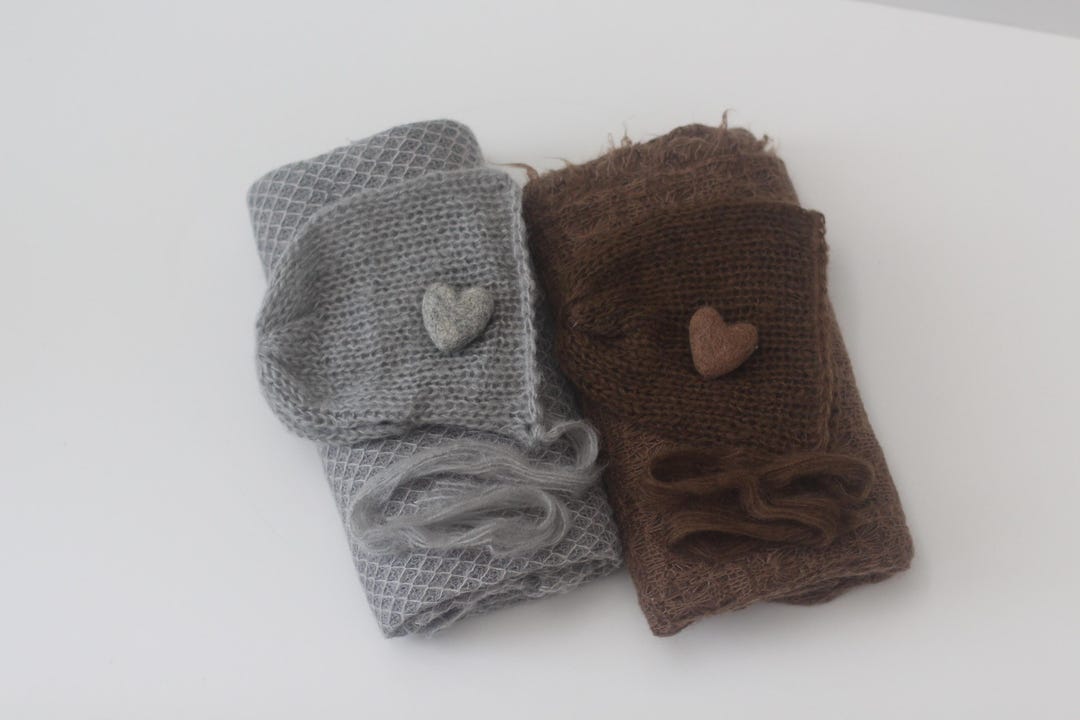 Gray Newborn Stretch Knit Wrap, Brown Wrap Set, Knitted Bonnet and Felt ...