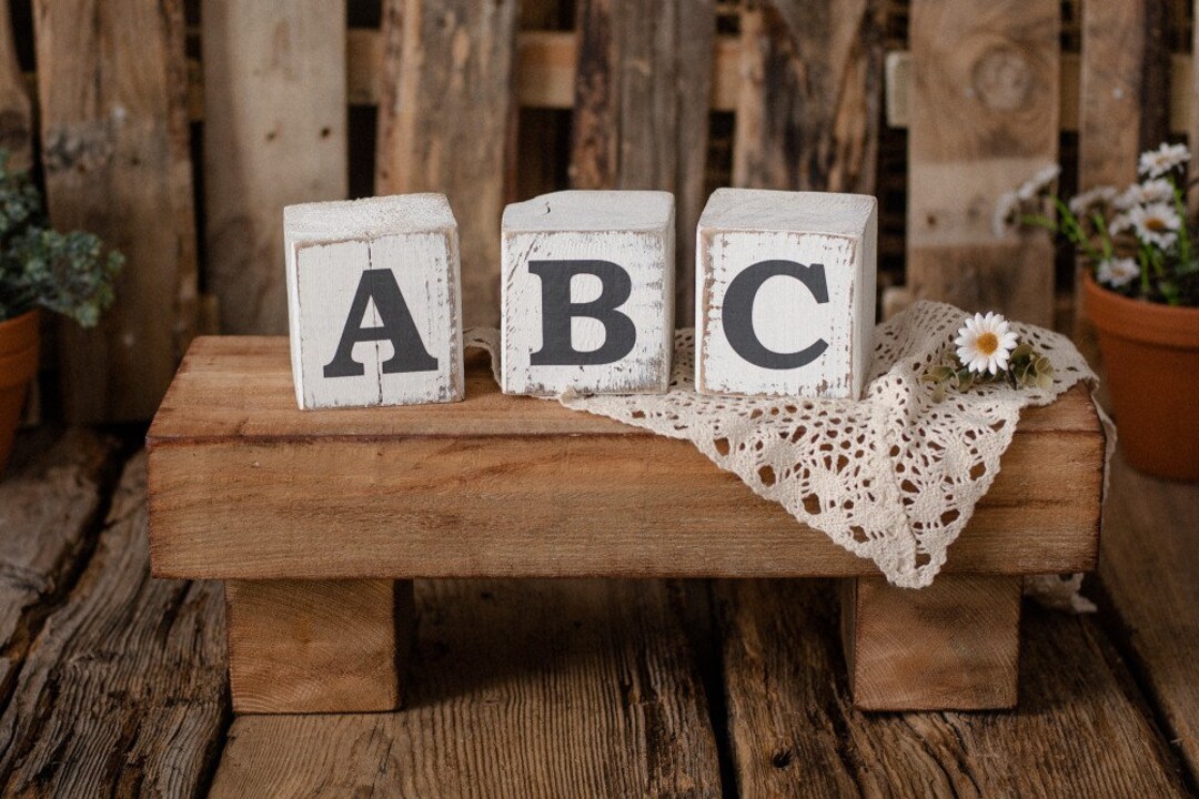 WOODEN BLOCKS "abc" White, Vintage Style, Newborn Props, Photo Props ...