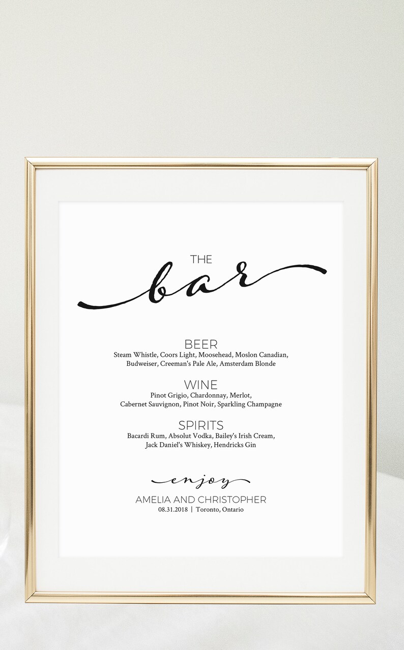 Wedding Bar Menu Sign Instant Download Editable Bar Menu | Etsy