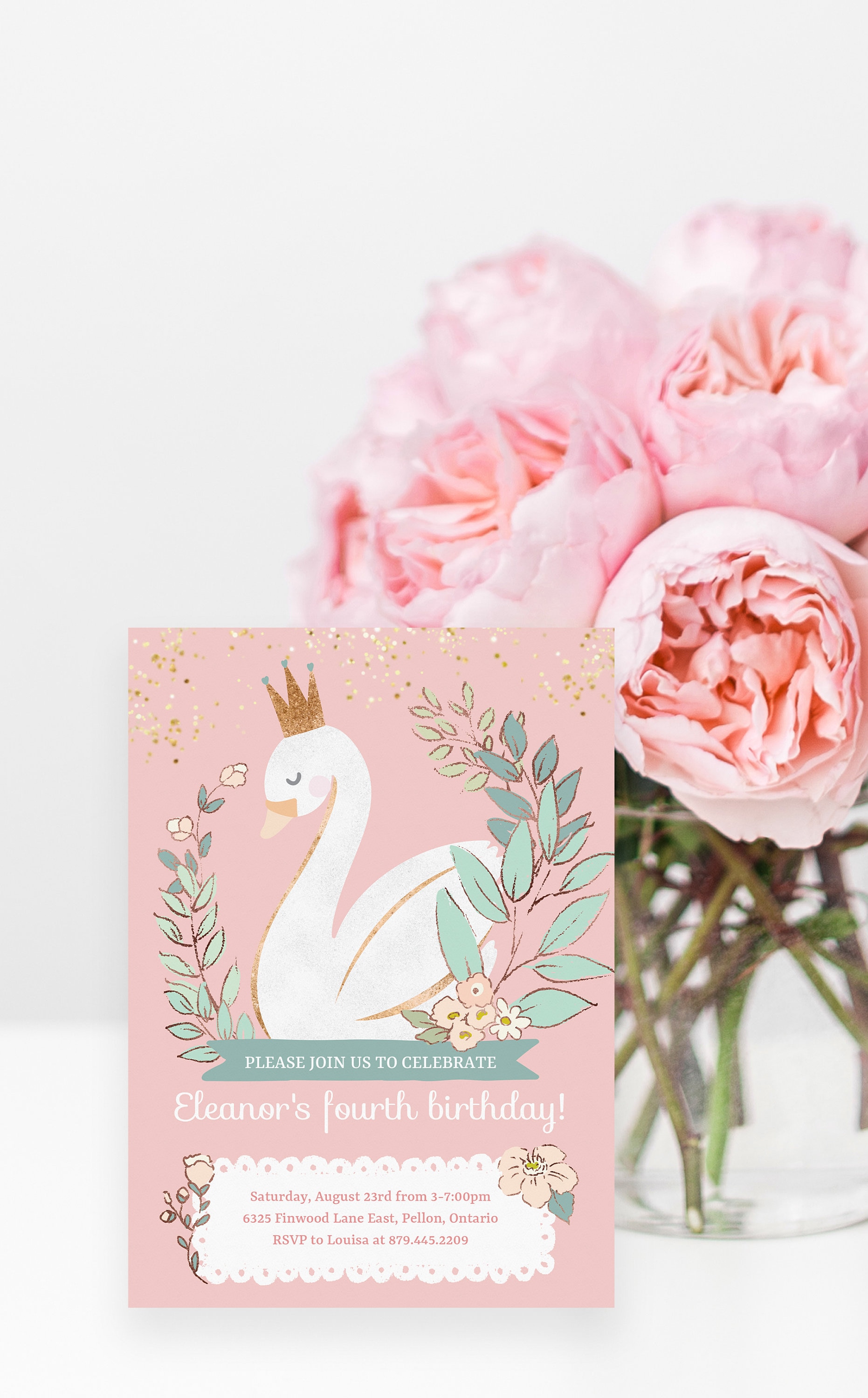 Swan Birthday Party Invitation Printable File in Pink Gold | Etsy