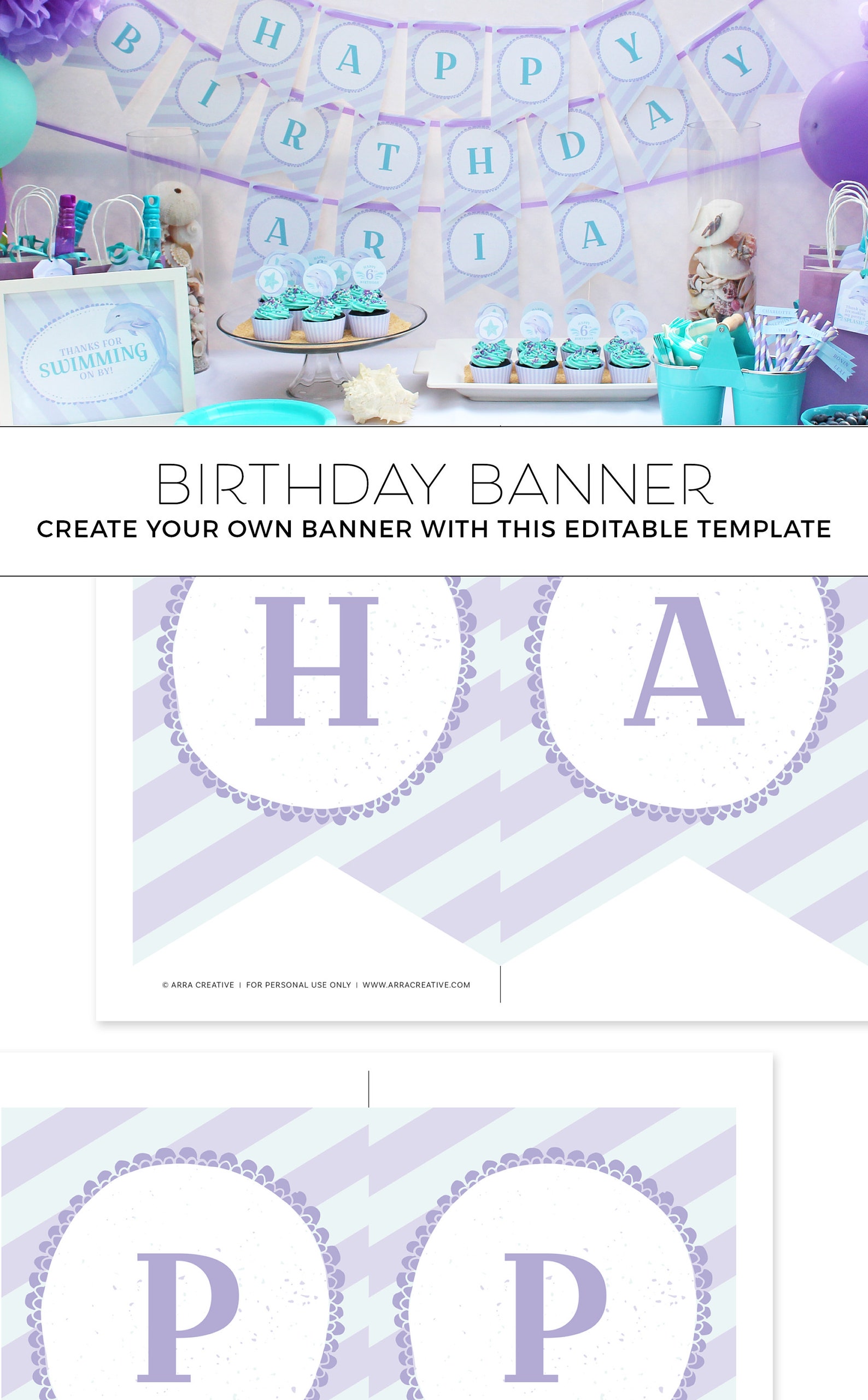 Printable Purple and Teal Striped Happy Birthday Banner - Etsy