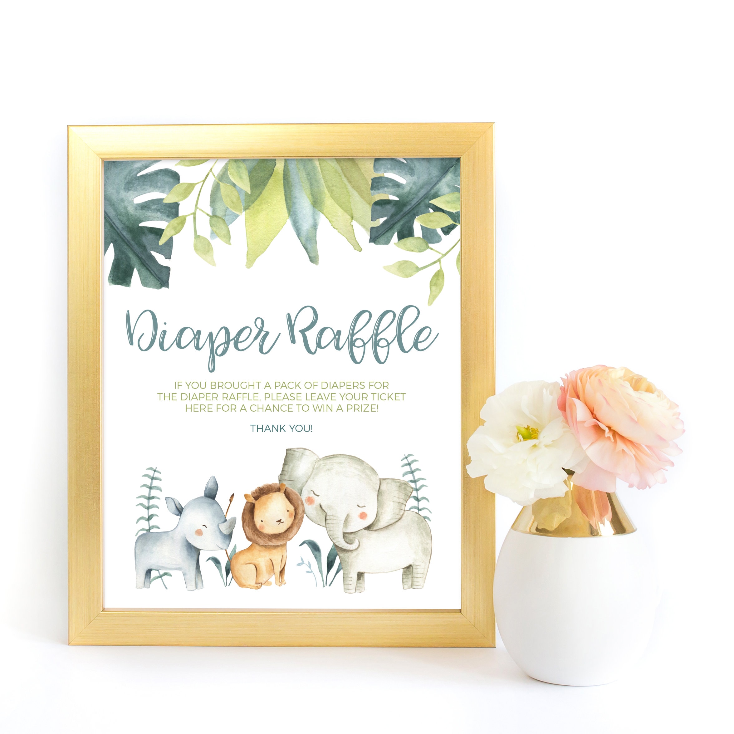 Safari Baby Shower Diaper Raffle Tickets and Sign Featuring a Baby ...