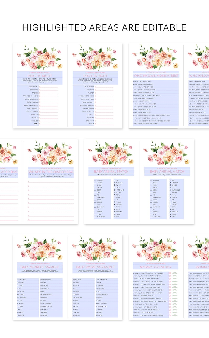 Pink Floral Baby Shower Games Bundle - Printable Instant Download File ...