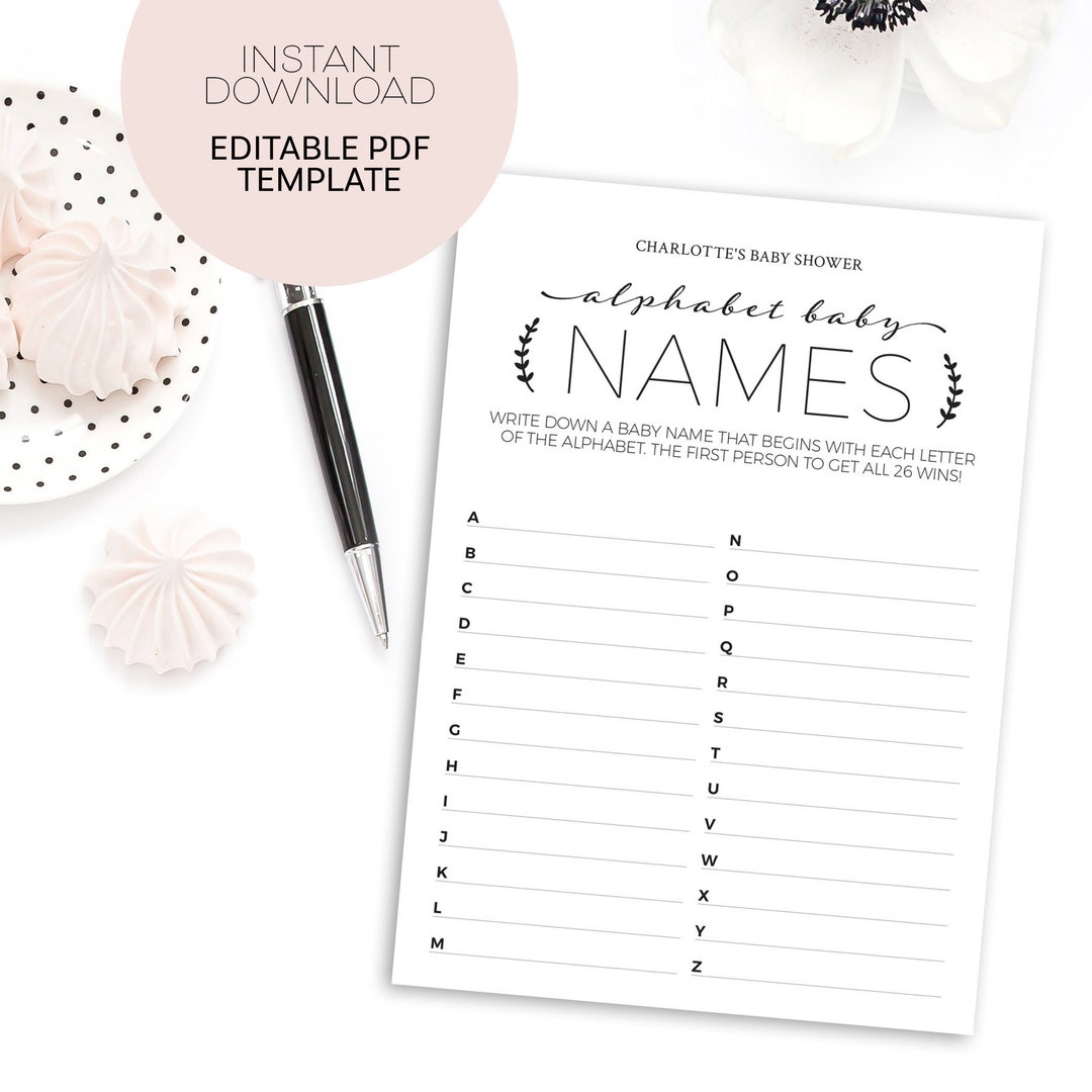 Alphabet Baby Names Printable Baby Shower Game Instant Download File ...