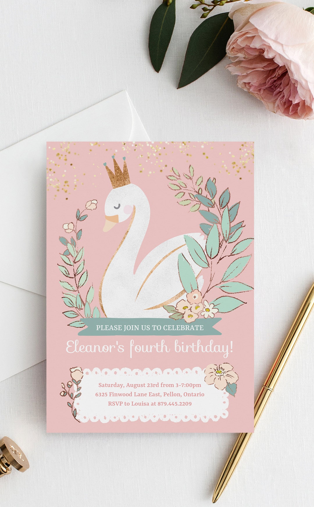 Swan Birthday Party Invitation Printable File in Pink, Gold and Teal ...