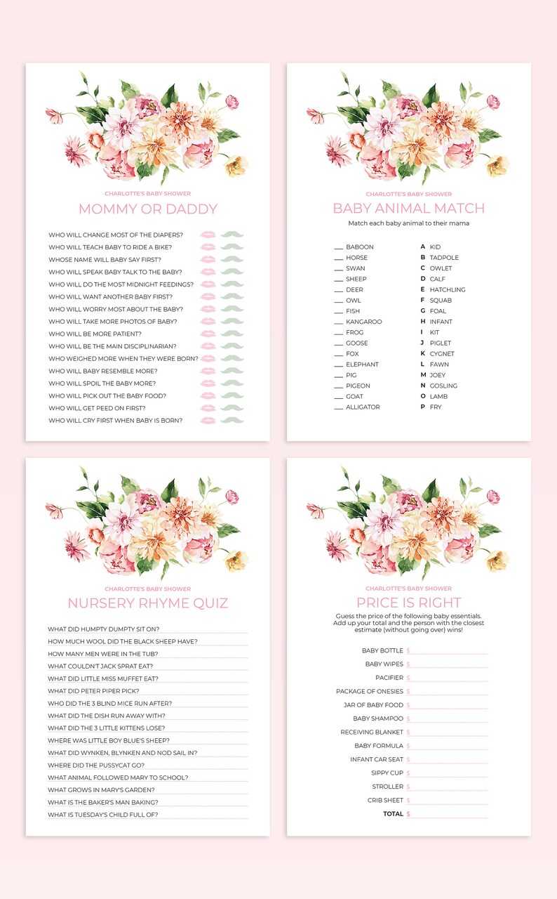Pink Floral Baby Shower Games Bundle - Printable Instant Download File ...