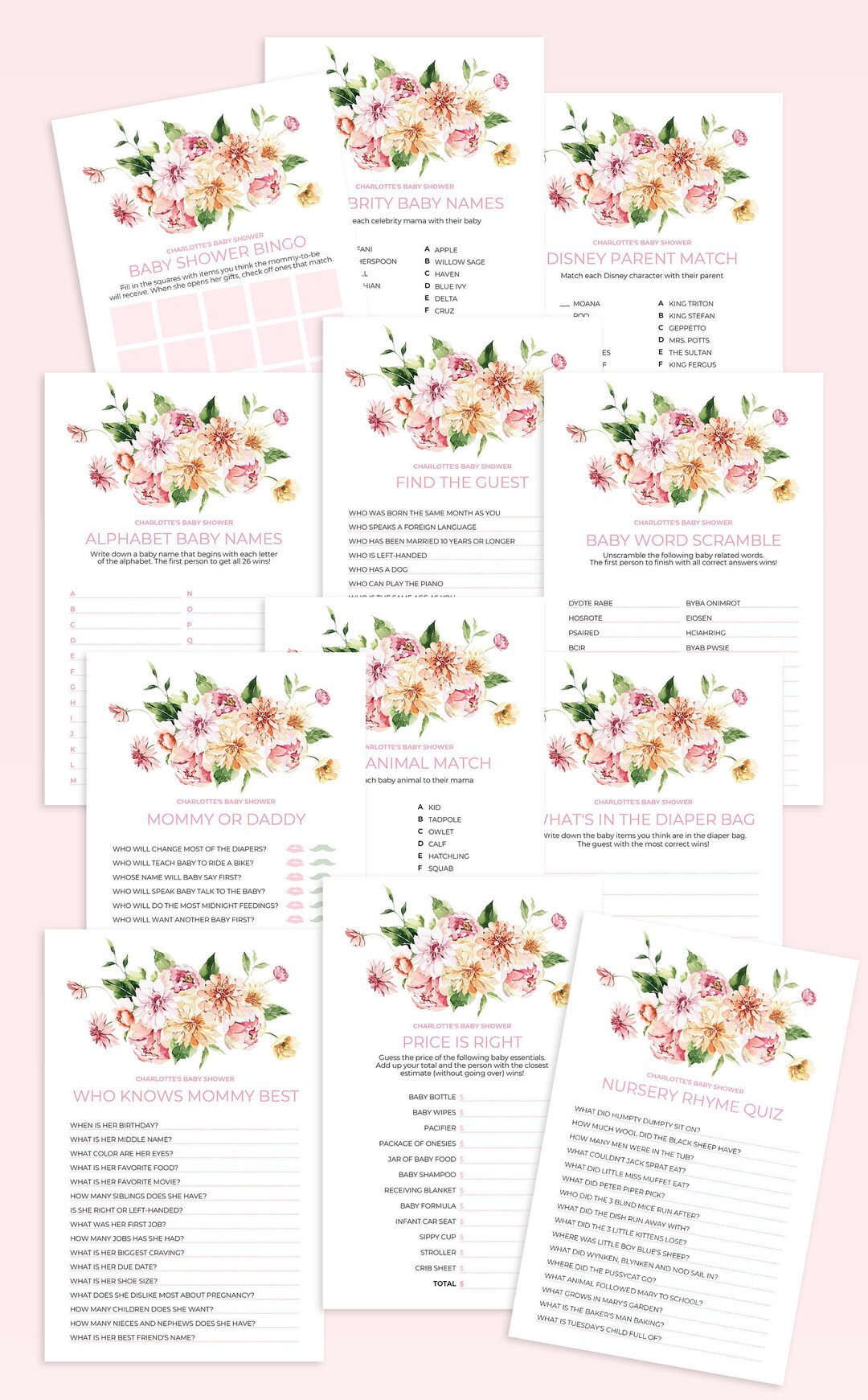 Pink Floral Baby Shower Games Bundle - Printable Instant Download File ...