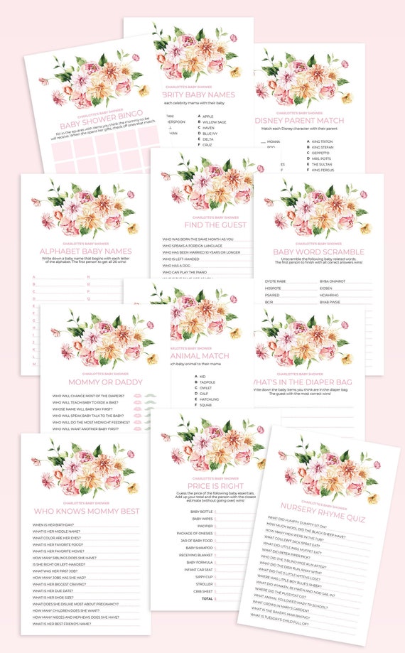 Pink Floral Baby Shower Games Bundle Printable Instant | Etsy Canada