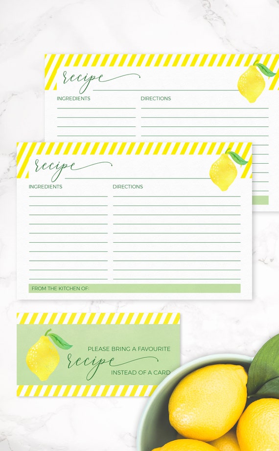 Lemon Bridal Shower Recipe Cards - Printable Instant Download File ...