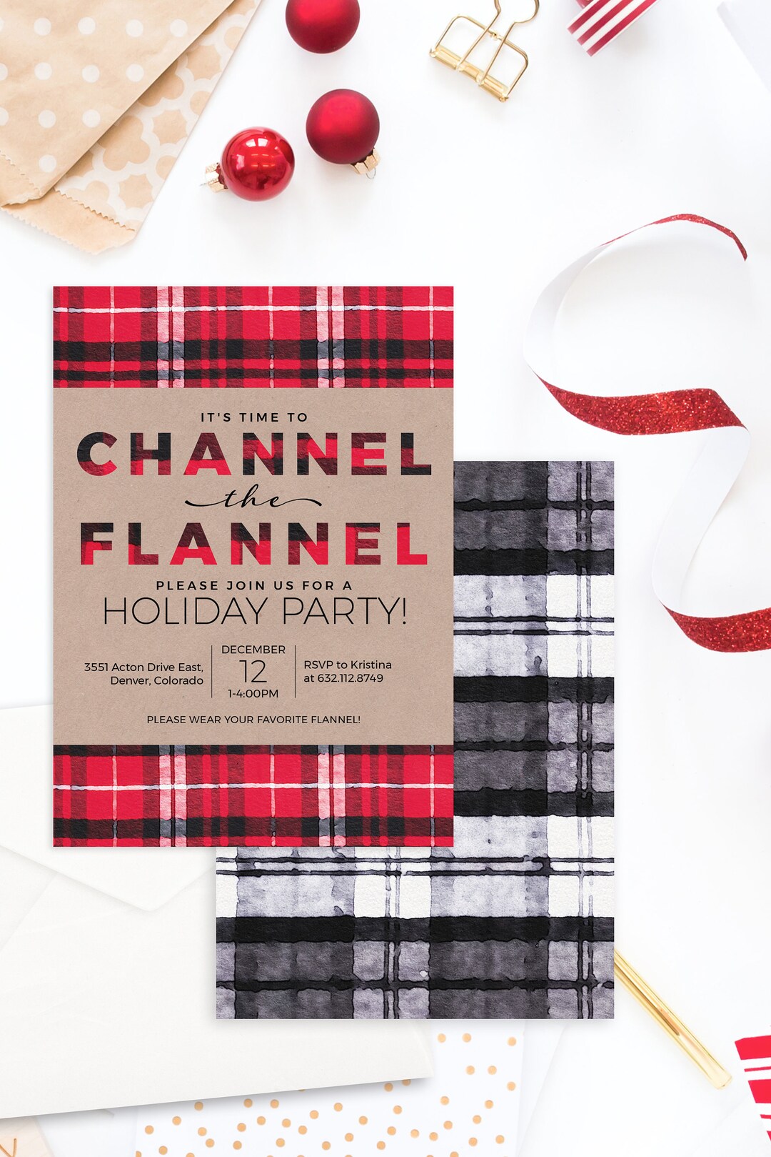 Channel the Flannel Christmas Party Invitation - Printable Red Plaid ...