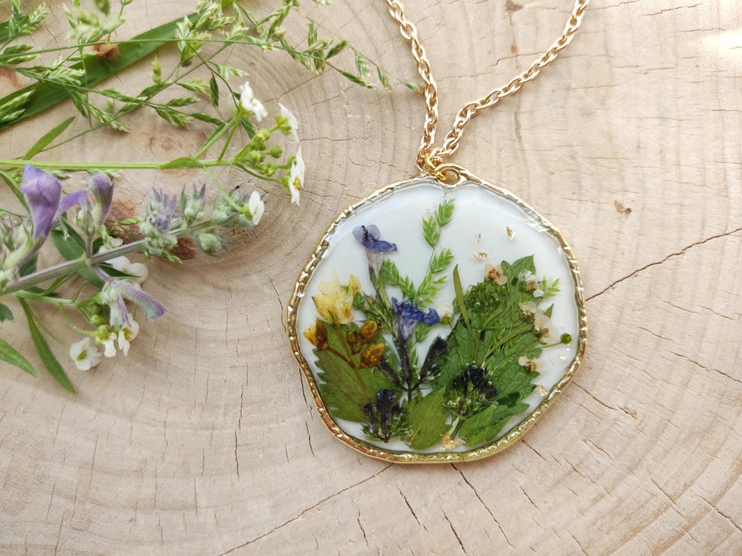 Meadow Greenery Nature Amulet Necklace - Handmade Resin Pendant With ...
