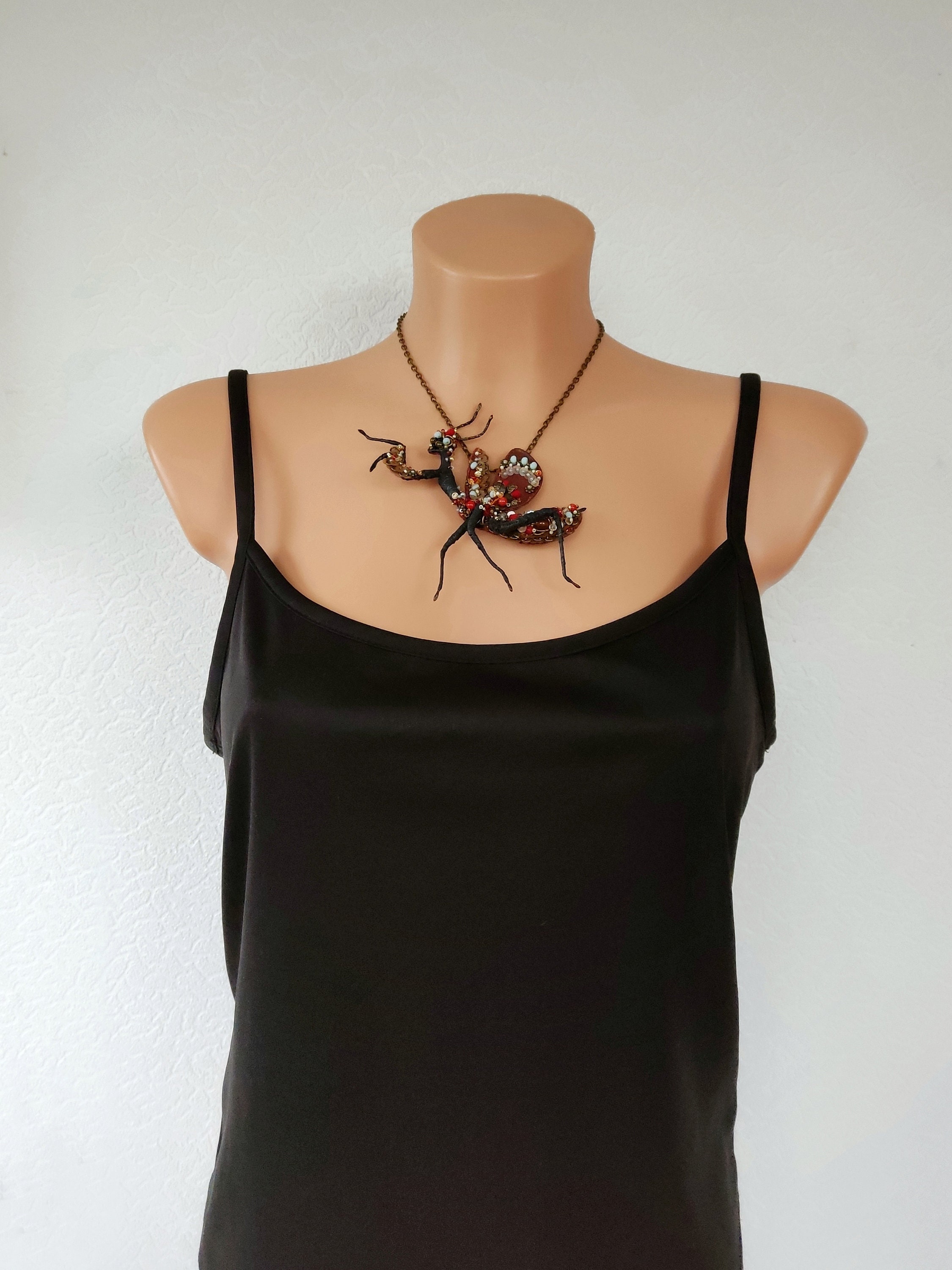 Mantis Insect Jewelry Necklace Pin, Nature Jewelry Hand Embroidered ...