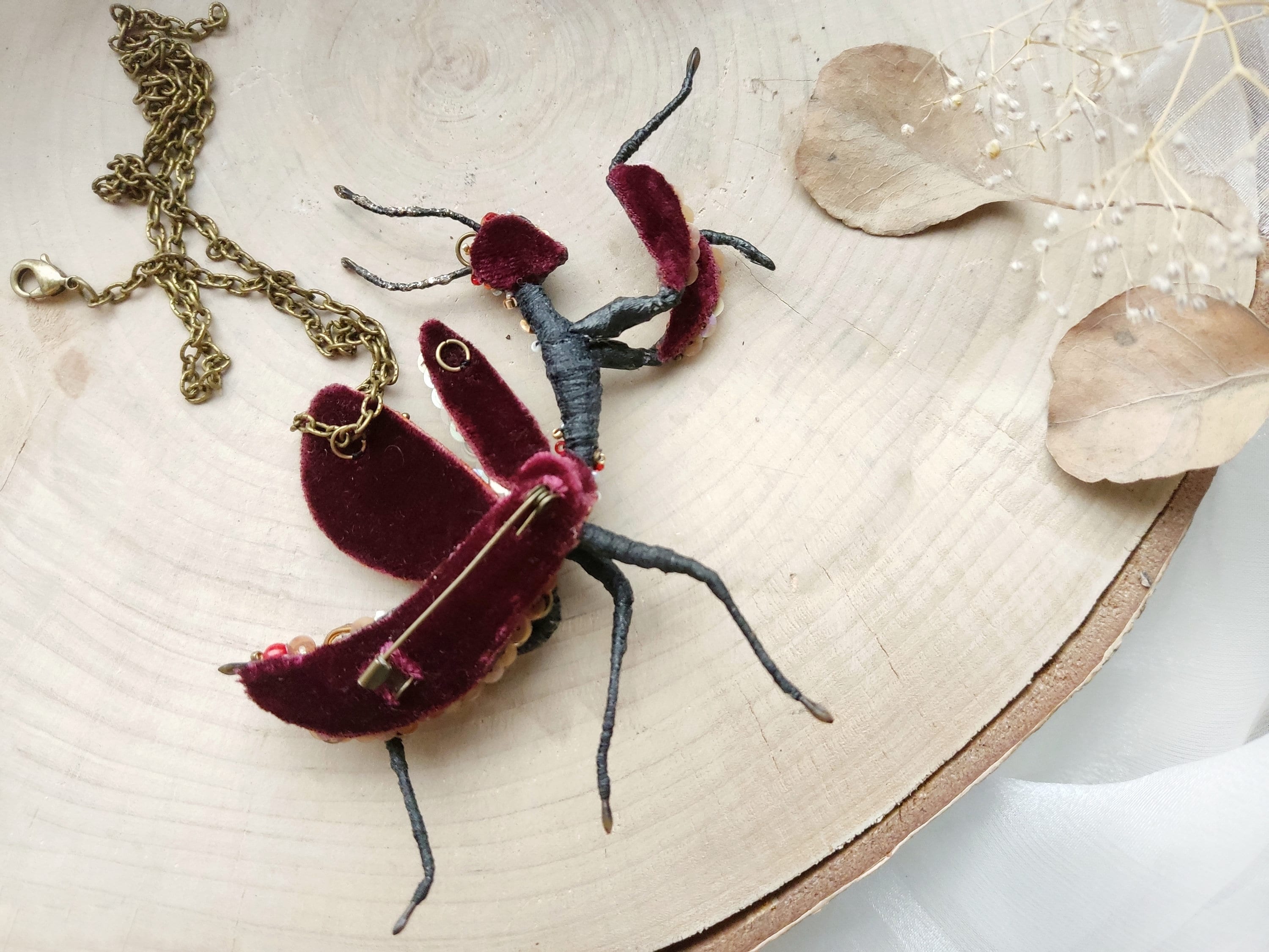 Mantis Insect Jewelry Necklace Pin, Nature Jewelry Hand Embroidered ...