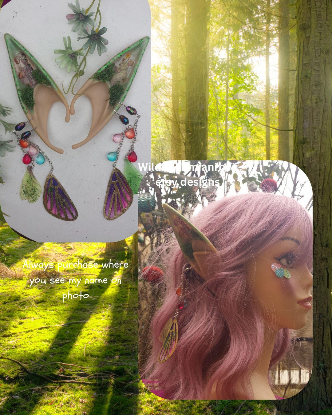 Elf Fairy Wing Forest Moss Fae Ear Cuff Wrap Crystal Earrings ,woodland ...