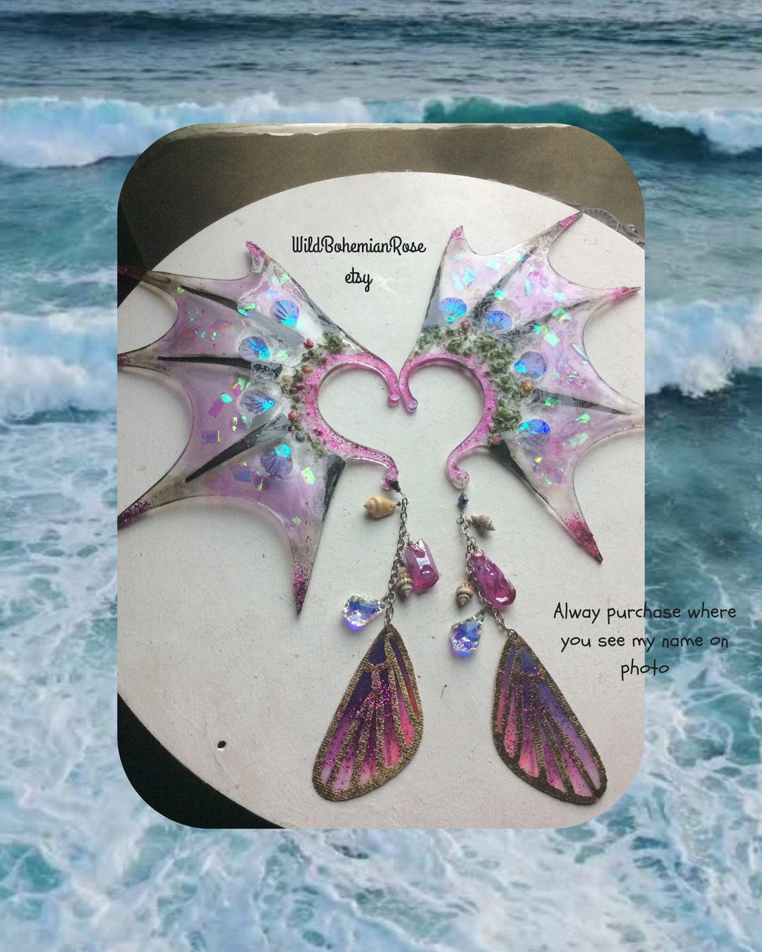 Mermaid Wrap Fin Wing Ear Cuff Fairy Real Flower Moss Raw Quartz Stone ...