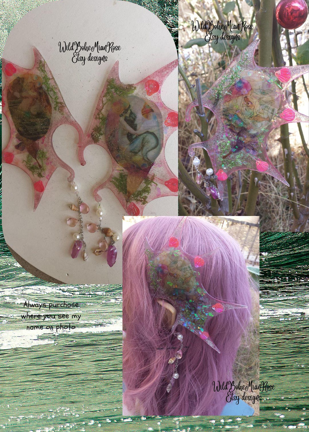 Mermaid Fin Fairy Wing Botanical Pressed Flower Crystal Quartz Ear Cuff ...