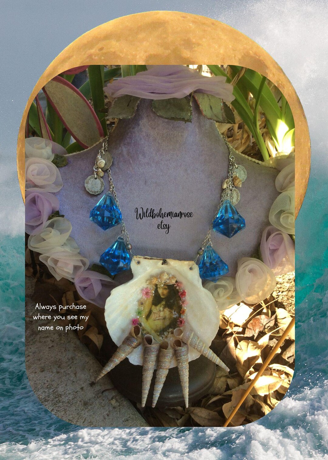 Mermaid Real Scallop Seashell Prism Crystal Coin Necklace, Renaissance ...