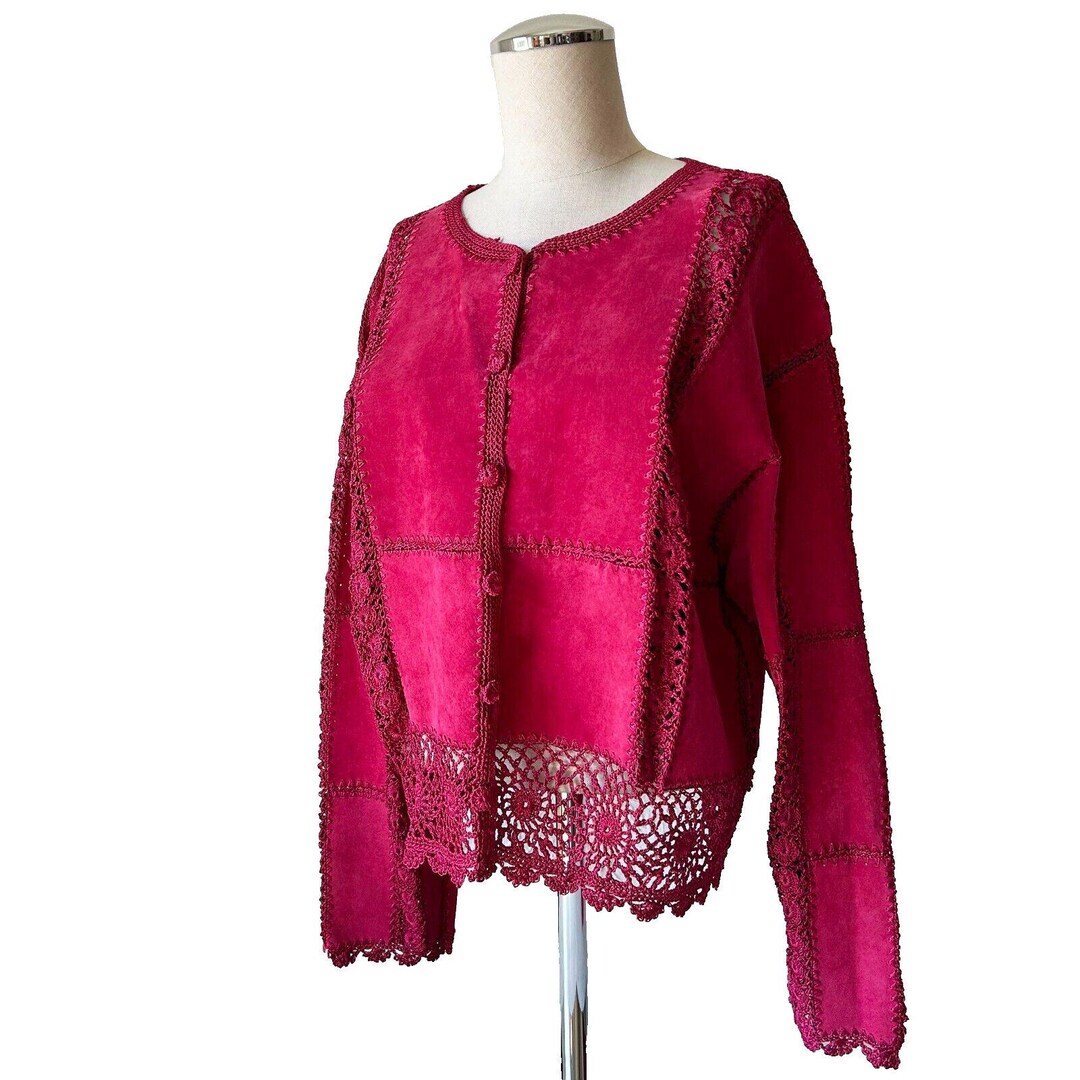 Vintage SMH Boutique Red Suede Leather Crochet Sweater Jacket - Women's ...