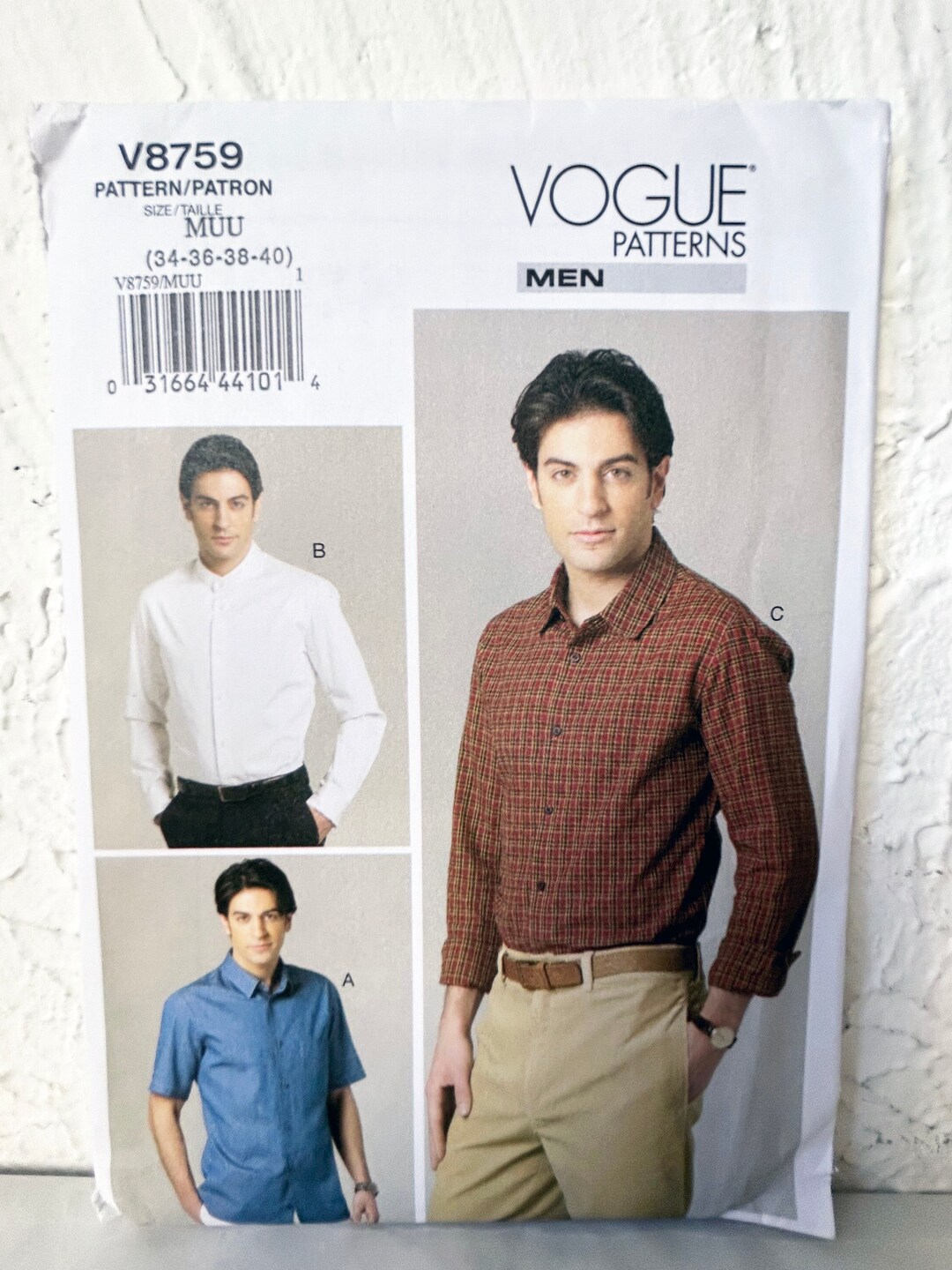 Vogue Mens Fitted Shirt Self-lined Yoke Pattern V8759 Sizes 34-36-38-40 ...