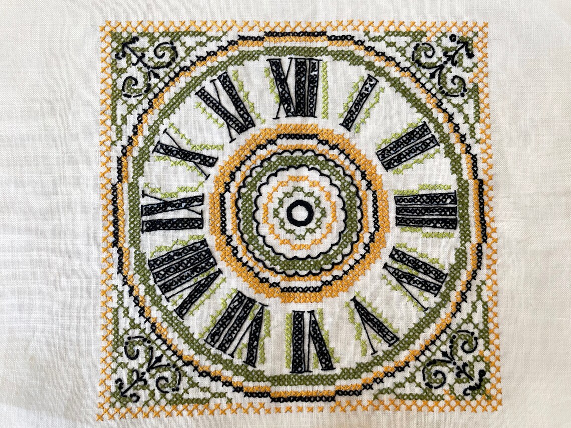 Vintage Finished Cross Stitch Clock Face and Flower Basket on Ivory ...