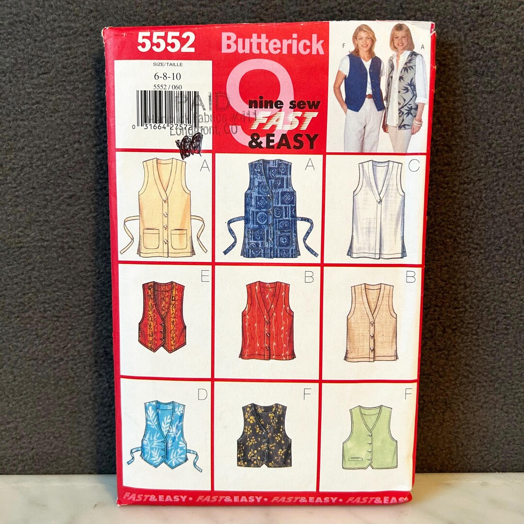 Butterick 9 Fast & Easy Vests Sewing Pattern #5552 Misses' Sizes 6-8-10 ...