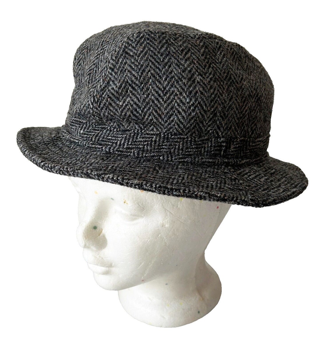 Vintage Lands' End Harris Tweed Herringbone Grey Wool Angler Bucket Hat ...
