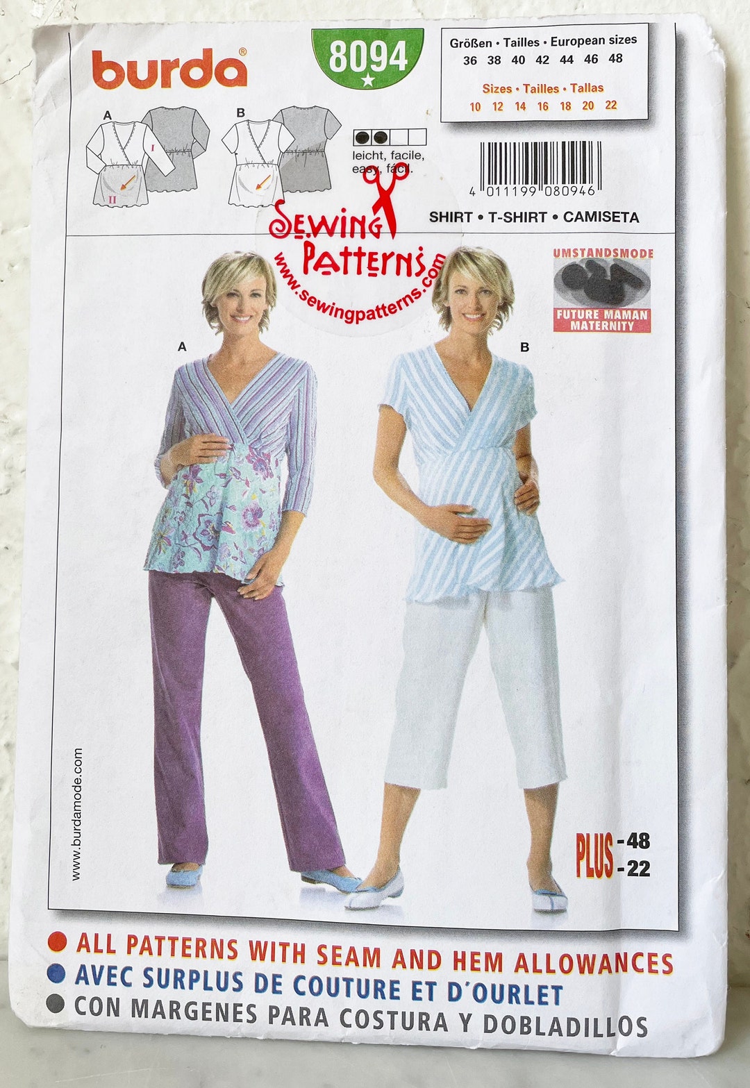Burda Maternity Shirt Semi-fitted Top Sewing Pattern 8094 Misses' 10-22 ...
