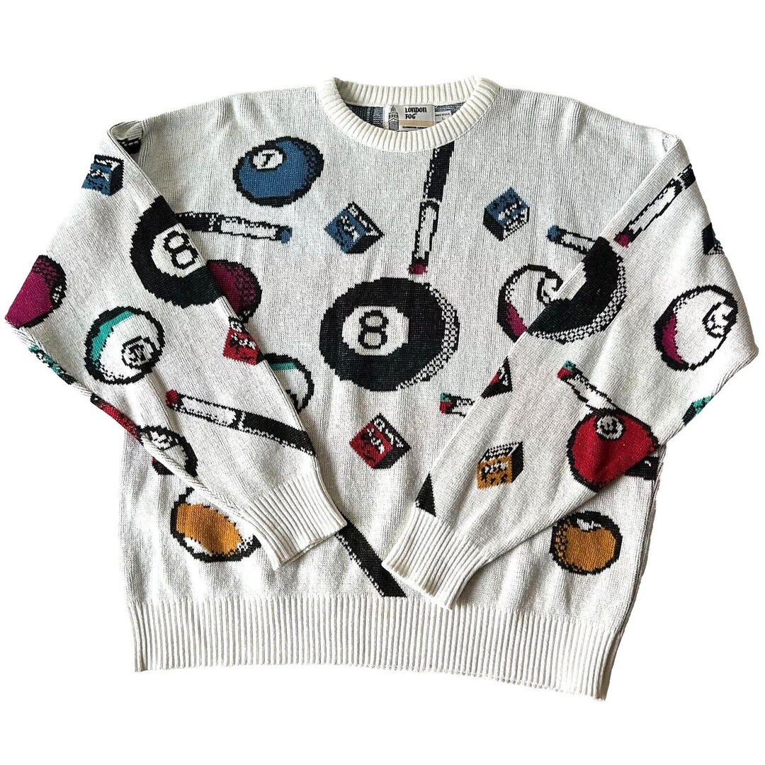 Vintage 90s Billiards 8-ball Pool Cue Men's Crewneck Sweater London Fog ...
