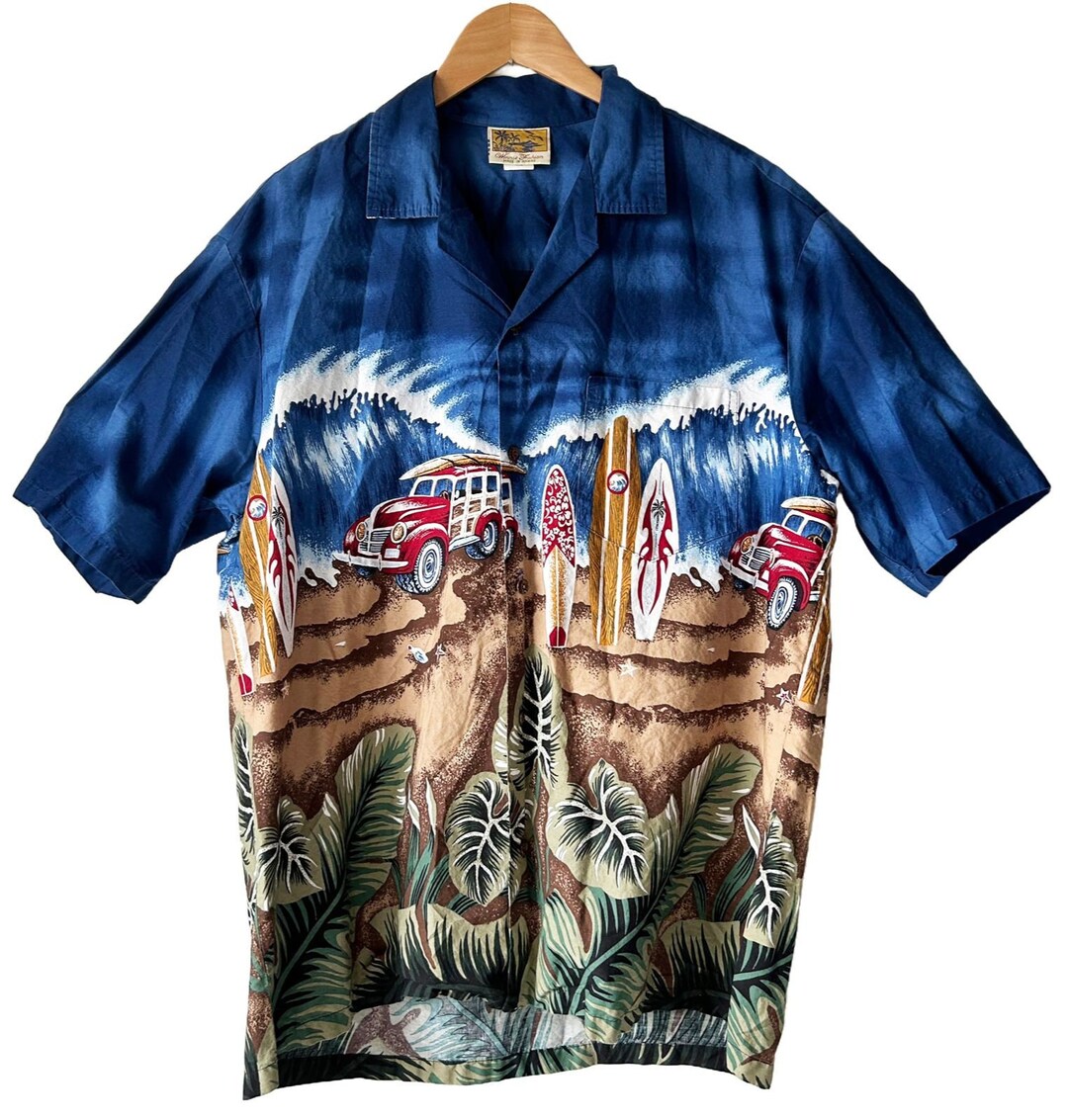 Vintage Winnie Fashion Hawaiian Shirt Surfboards Red Woody Cars Coconut ...