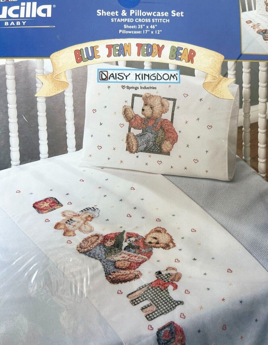 Bucilla Blue Jean Teddy Bear Sheet & Pillowcase Stamped Cross Stitch ...