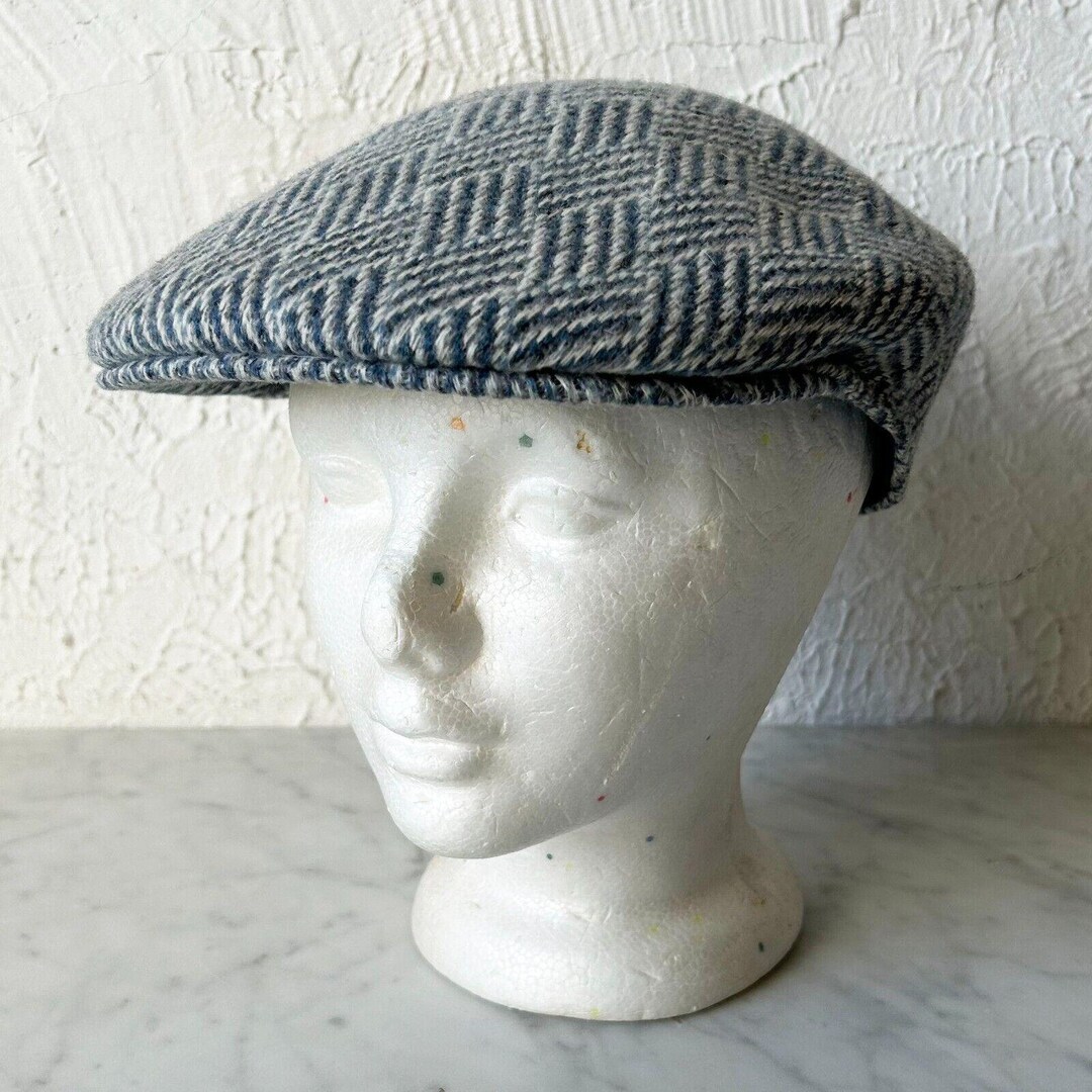 Vintage Kangol Blue Herringbone Tweed Newsboy Cap Golf Flat Hat England ...